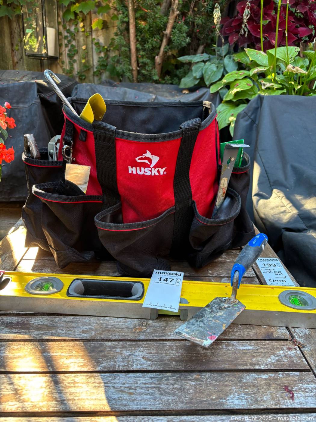 Husky open-top tool tote with hand tools | Maxsold