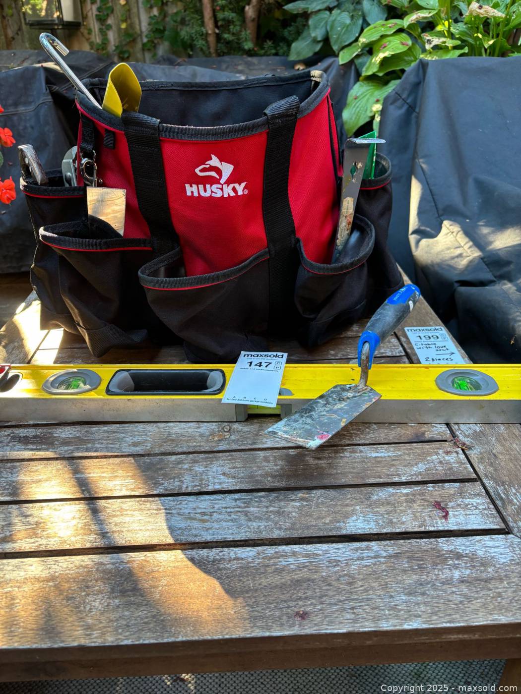 Husky open-top tool tote with hand tools | Maxsold