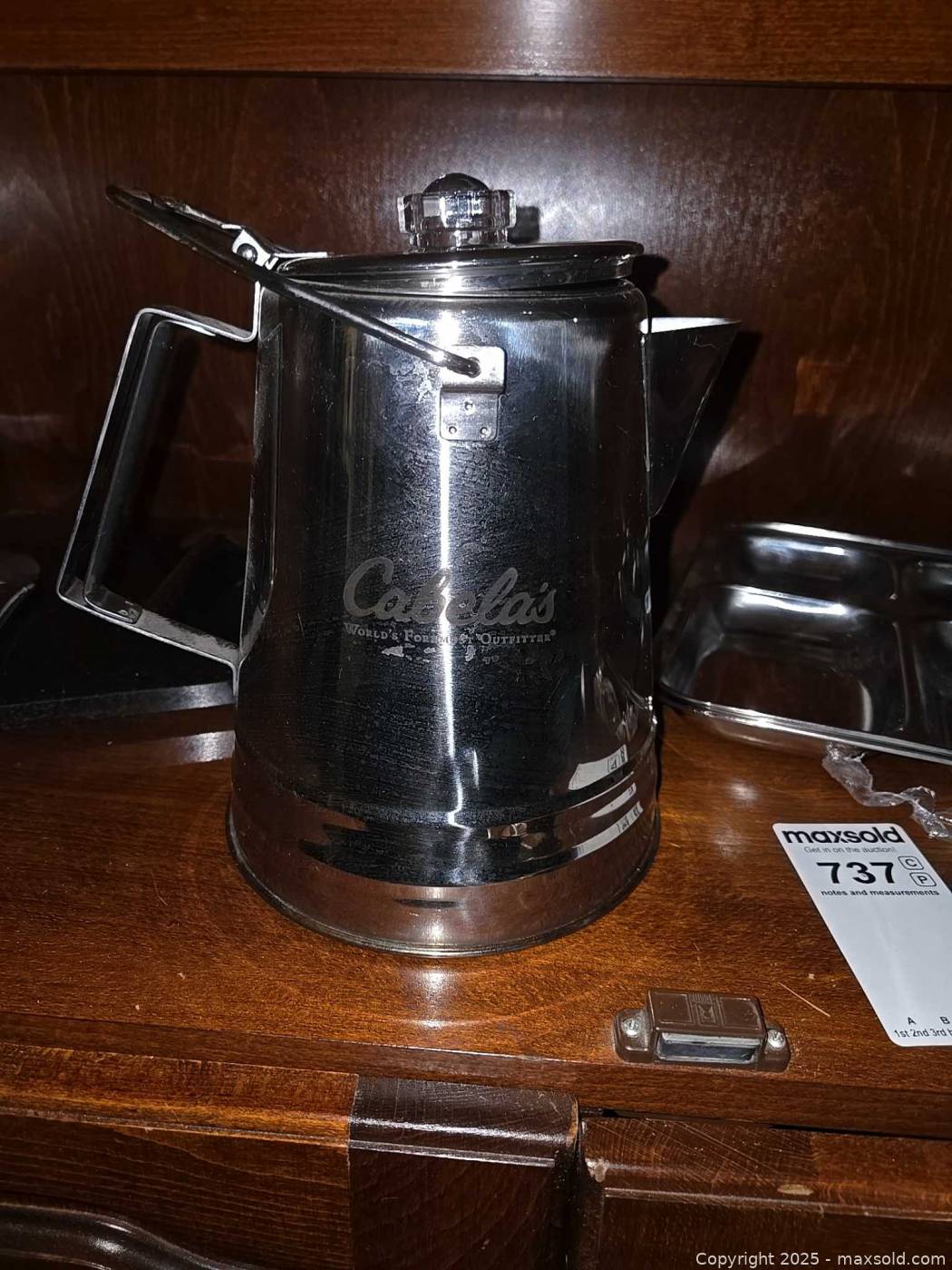 Cabela's stainless percolator, stone cheese board, 2 cheese utensils, 2 stainless mess trays ...