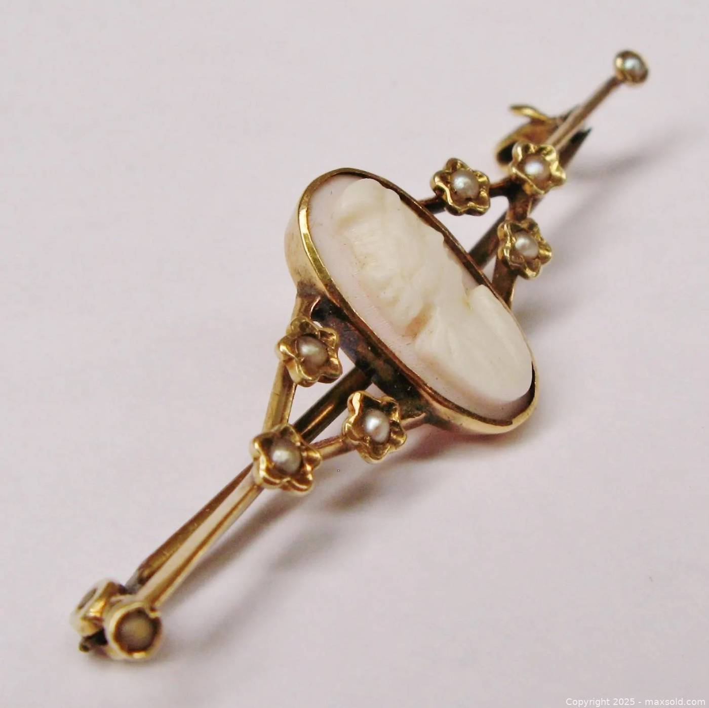 Edwardian 14k Gold Seed Pearl Cameo Bar Pin | Maxsold