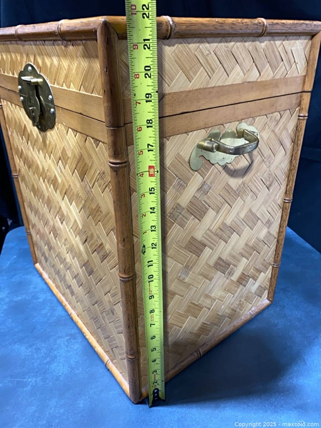 Vintage bamboo chest, brass bucket, gold waste basket | Maxsold