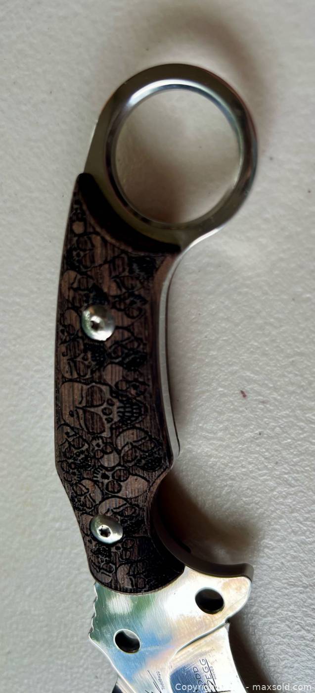 Custom curved fixed blade knife with skull handle and leather sheath ...