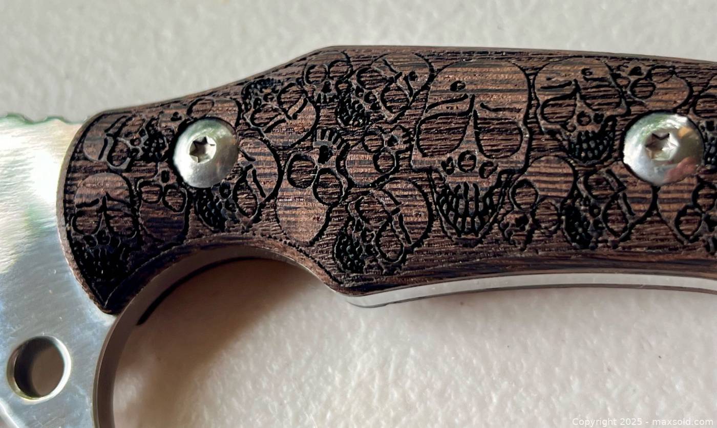 Custom curved fixed blade knife with skull handle and leather sheath ...