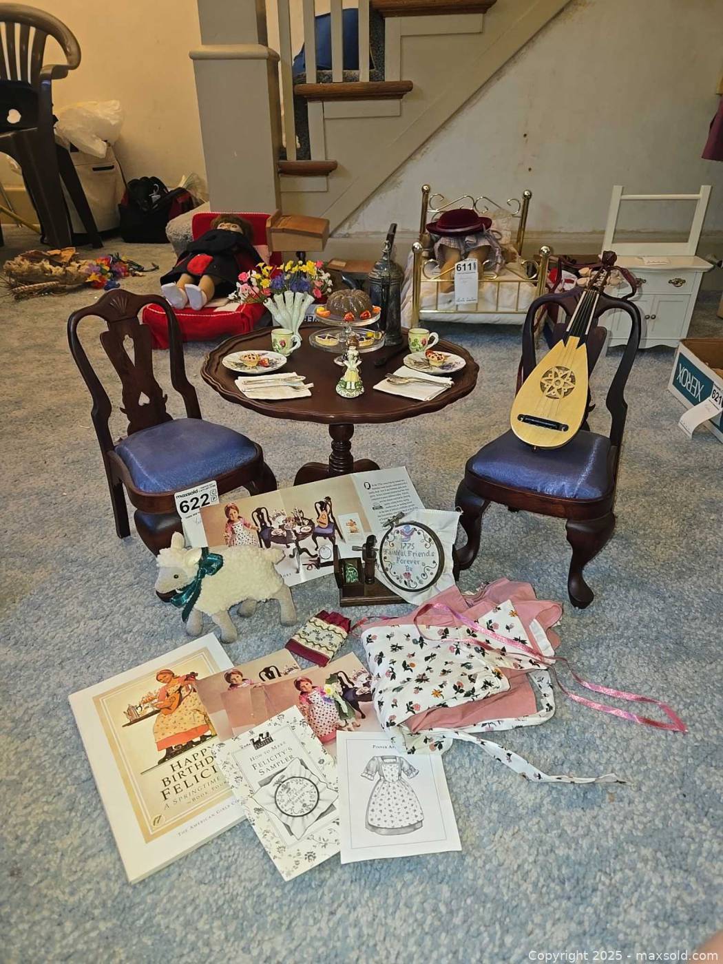 American Girl Felicity Happy Birthday furniture, tableware, lute, lamb ...