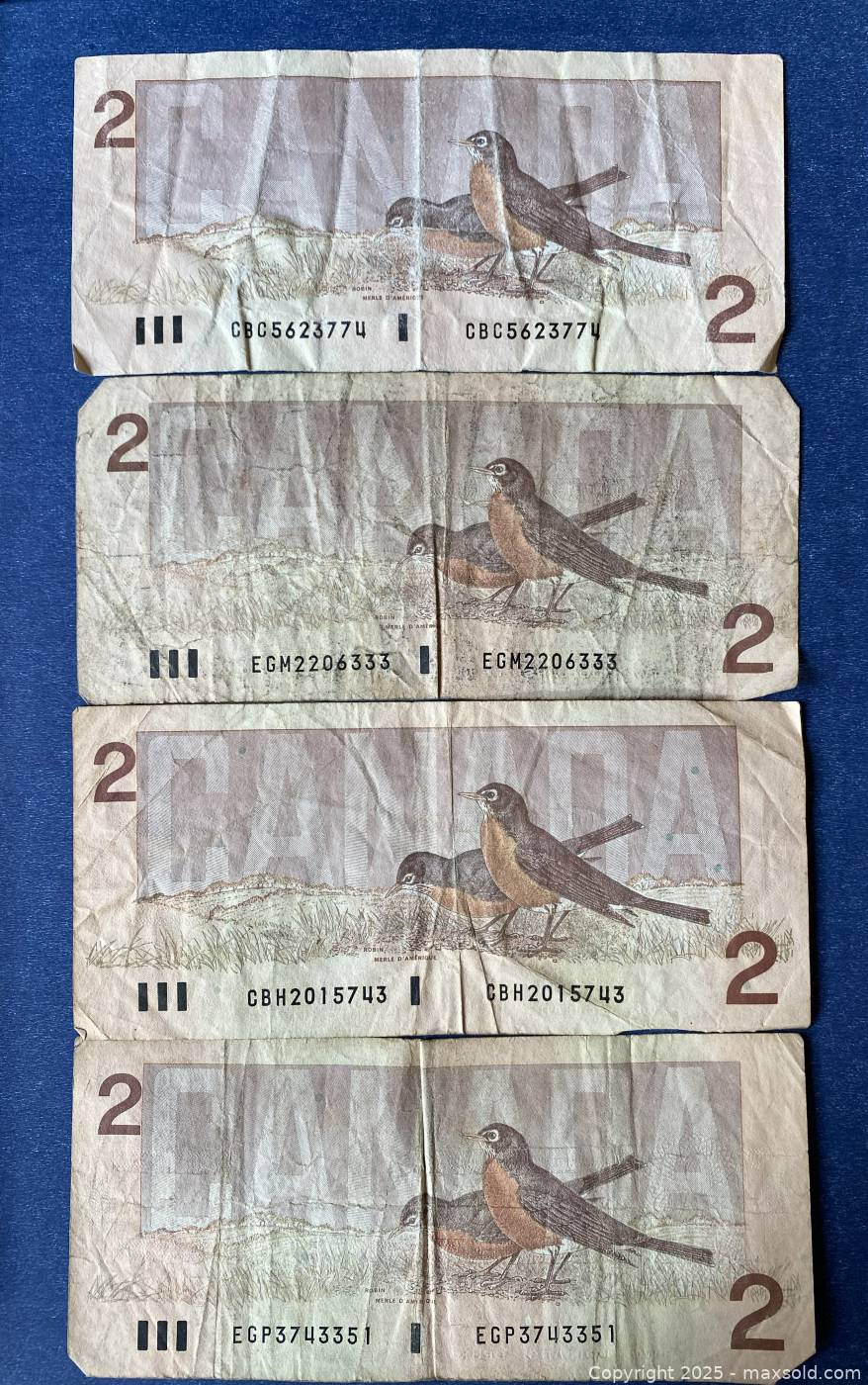 Four Canadian $2 banknotes 1986 | Maxsold