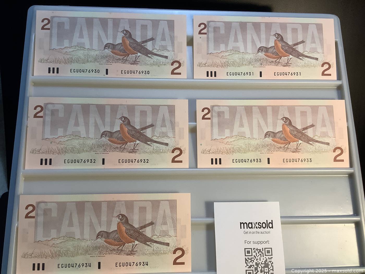 Canadian $2 banknotes, five sequential | Maxsold