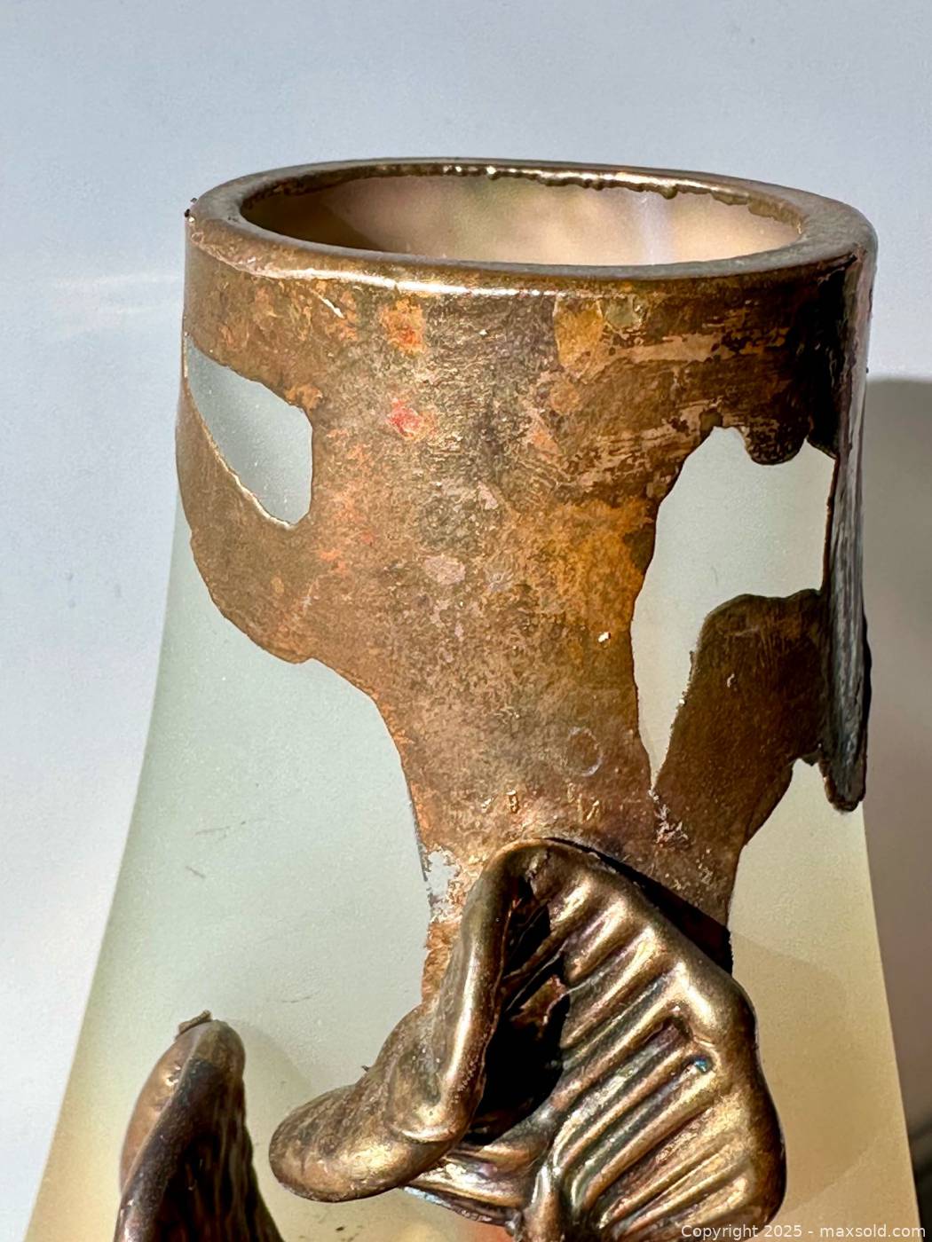 Filip Ravert signed hand-blown art glass vase with copper overlay | Maxsold