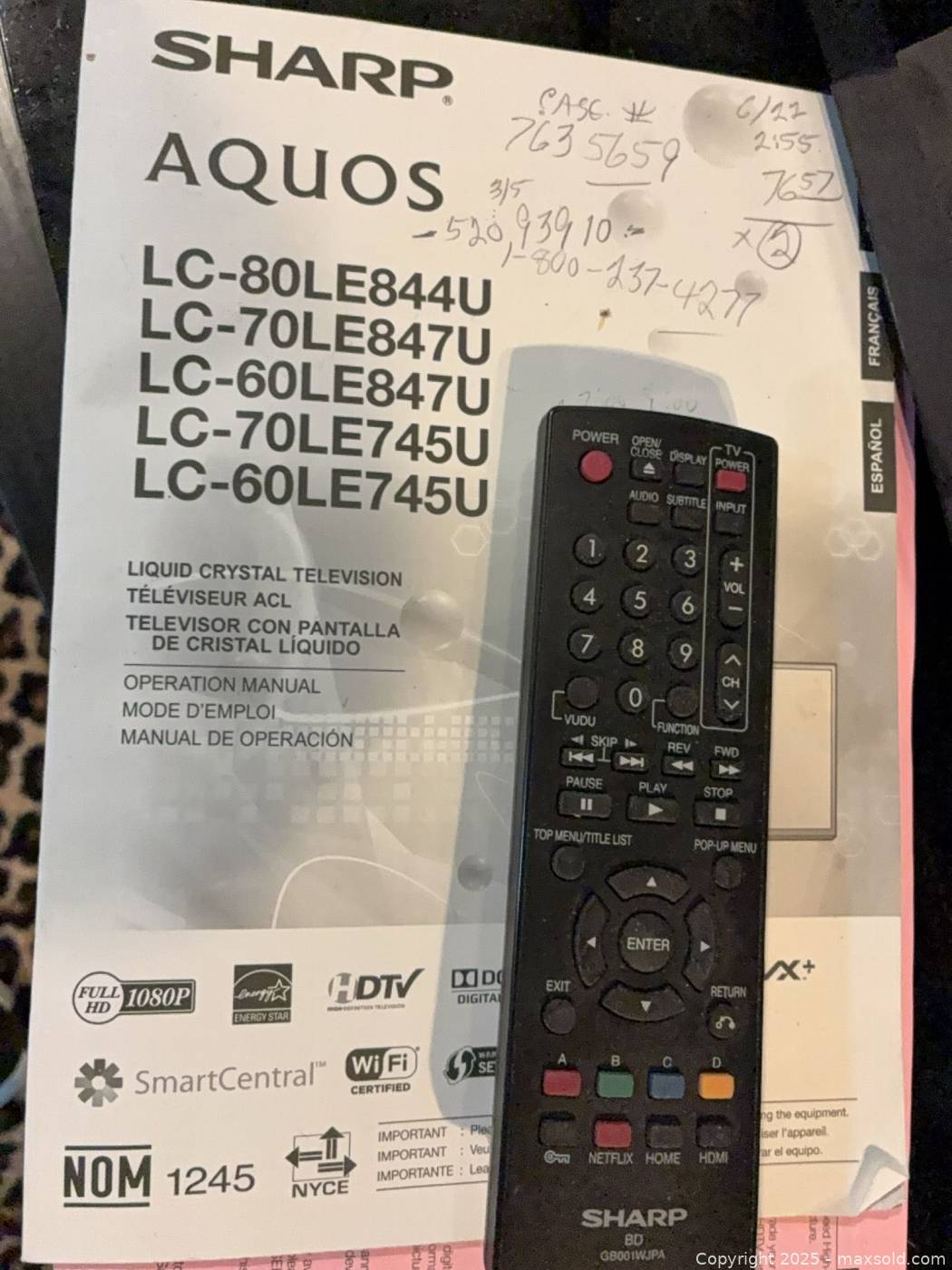 Sharp LC-80LE844U 80" Aquos Quattron 3D TV, Remote, Manual | Maxsold