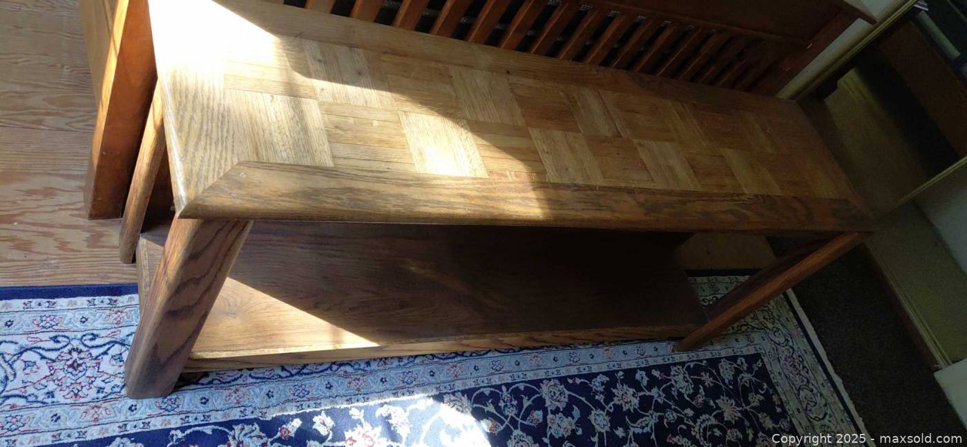 Wood console table with parquet top | Maxsold