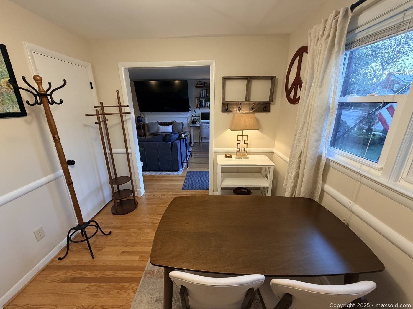 Walnut dining table set, two white pantry cabinets, console and lamp ...
