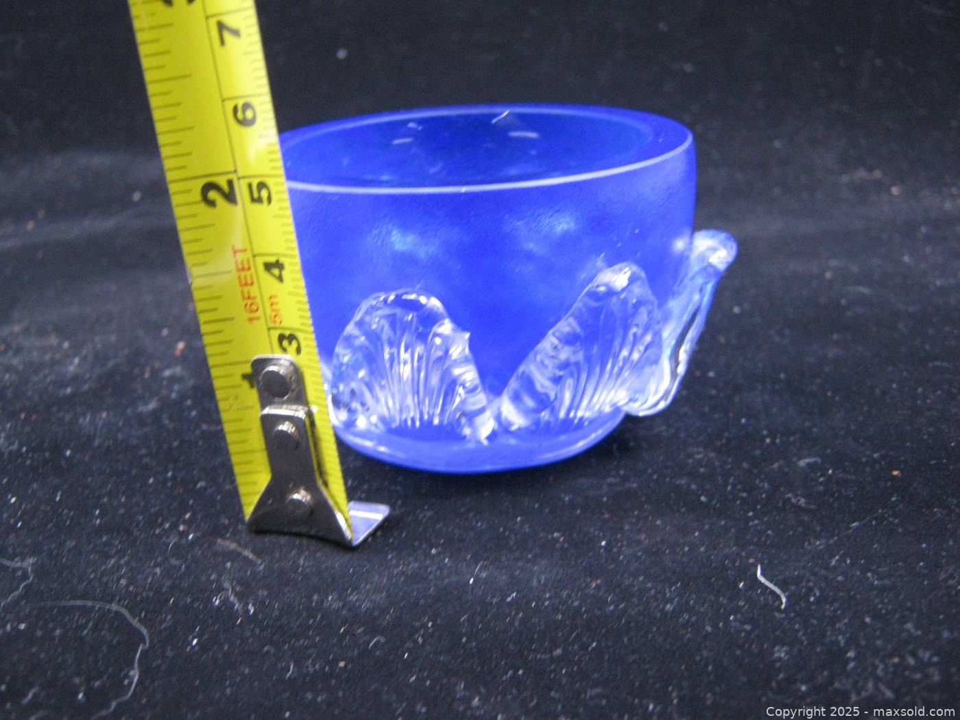 Handmade blue glass dish with clear leaf appliqué | Maxsold