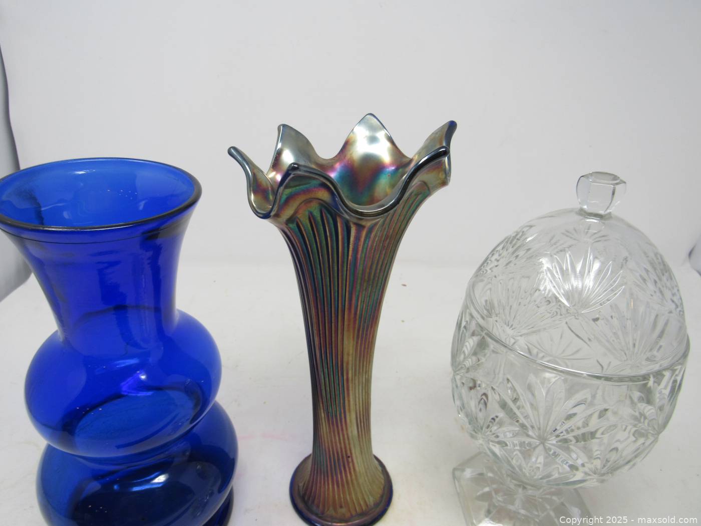 Blue glass vase, iridescent vase, pressed glass jar, stopper | Maxsold