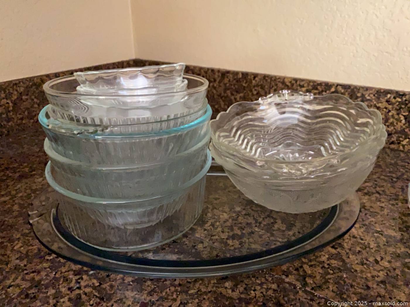 Clear pressed glass bowls, platters and loaf pan, approx 16 pieces ...