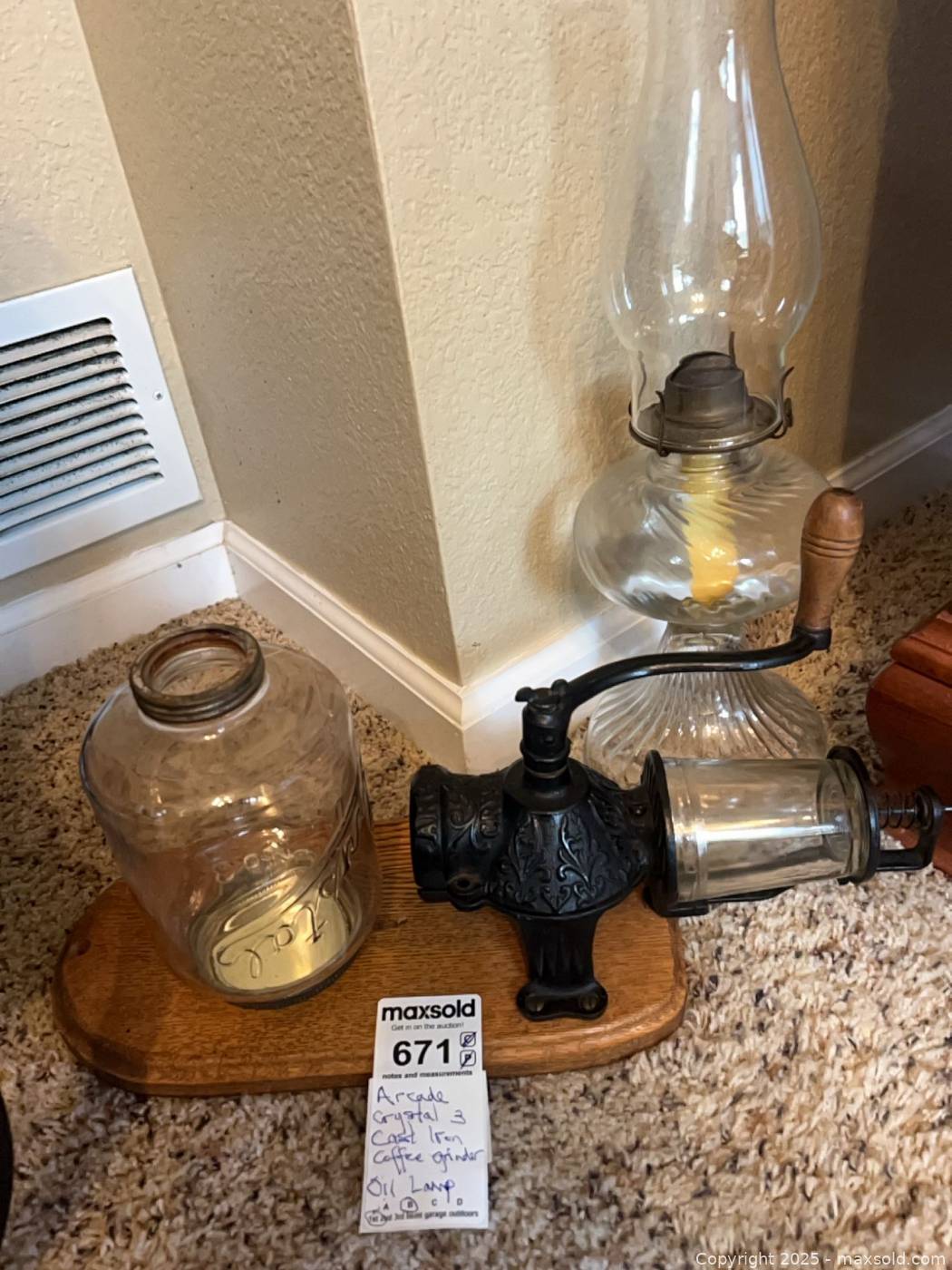 Glass Oil Lamp and Arcade Crystal No.3 Coffee Grinder | Maxsold