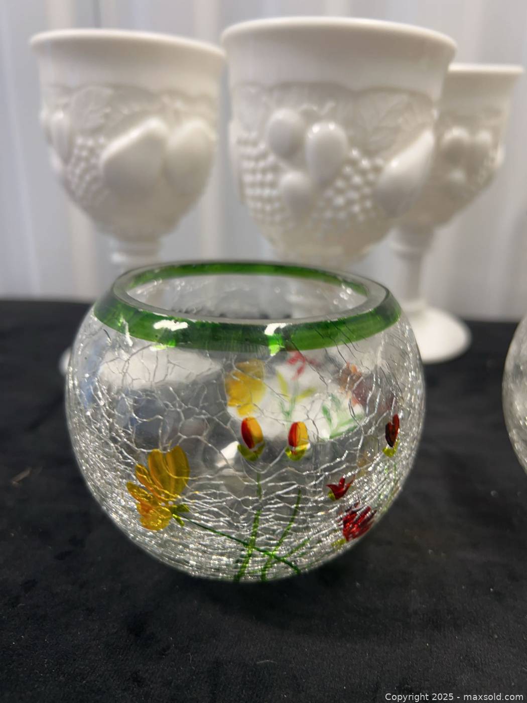 Milk glass goblets, crackle tealight holders and glass tray | Maxsold