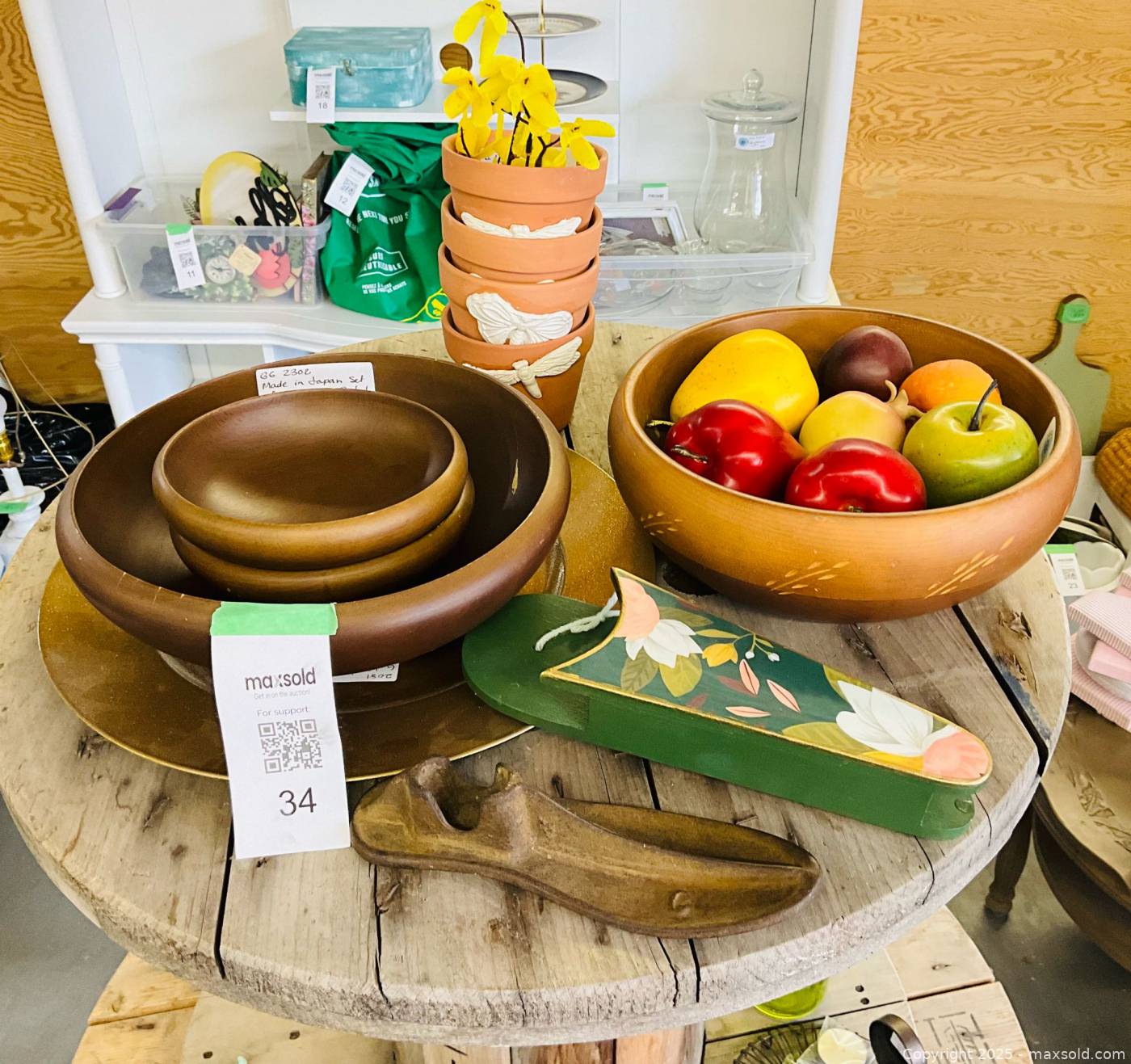 Wooden bowls, faux fruit, shoe form, pots, scissor holder | Maxsold