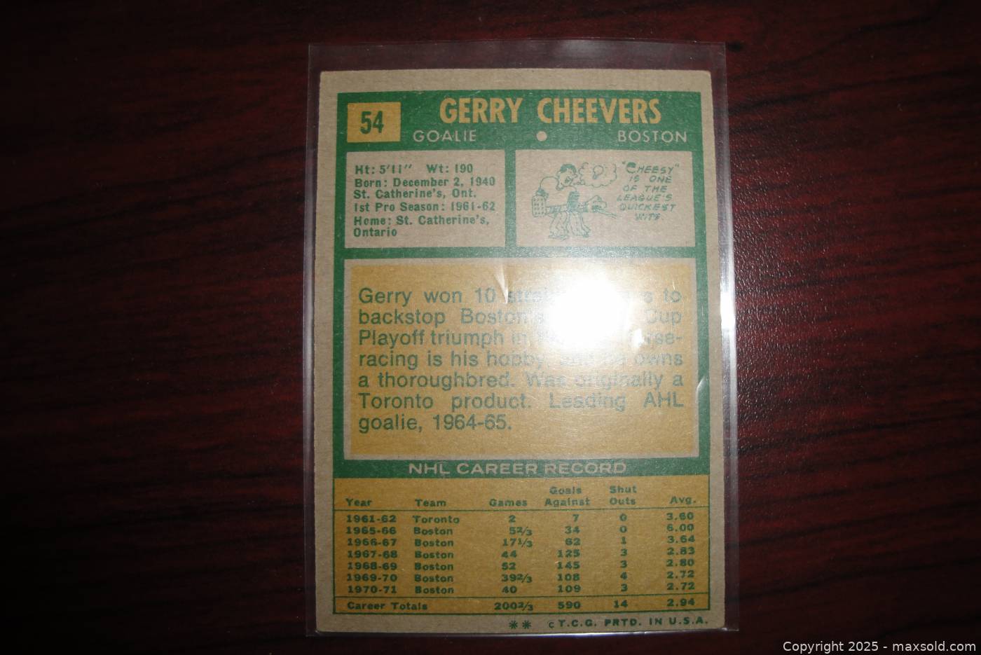 1971-72 Gerry Cheevers hockey card | Maxsold