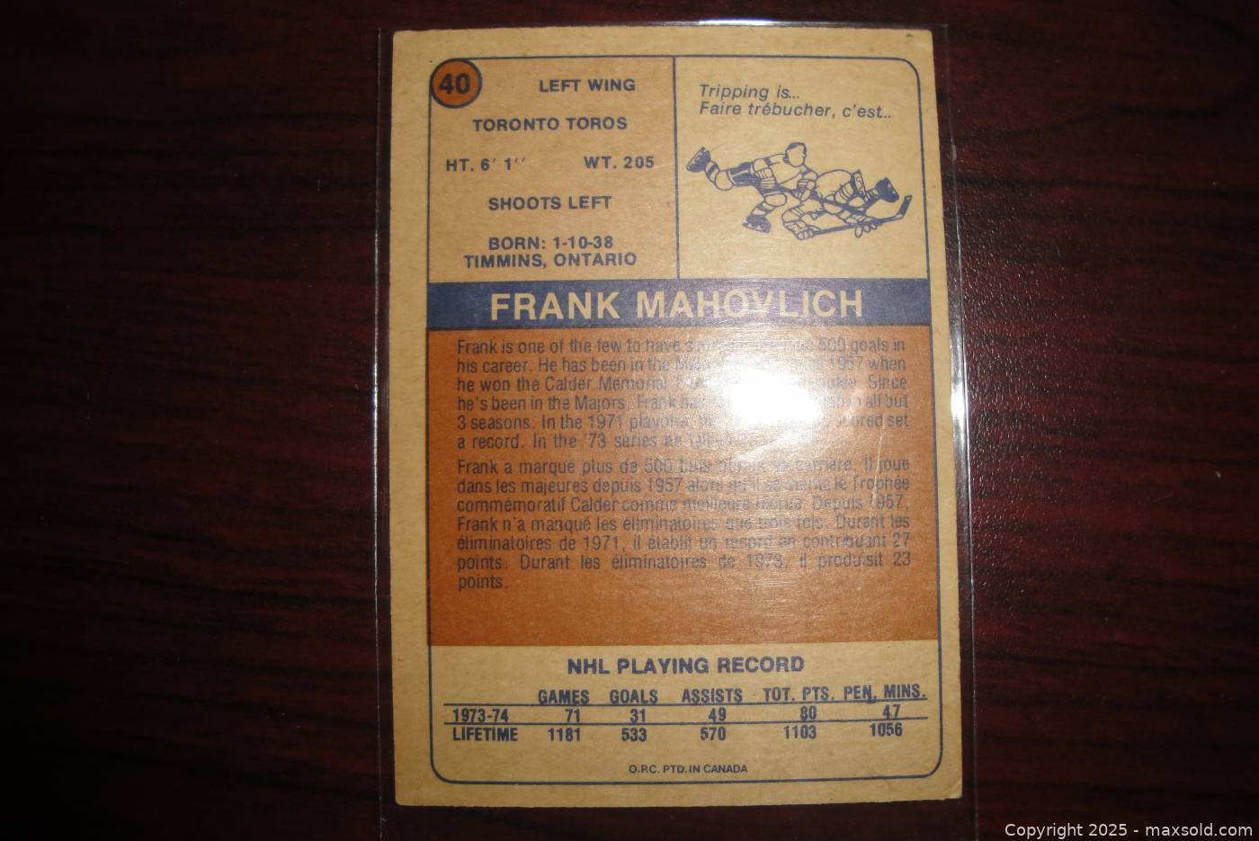 1974-75 O-Pee-Chee WHA #40 Frank Mahovlich hockey card | Maxsold