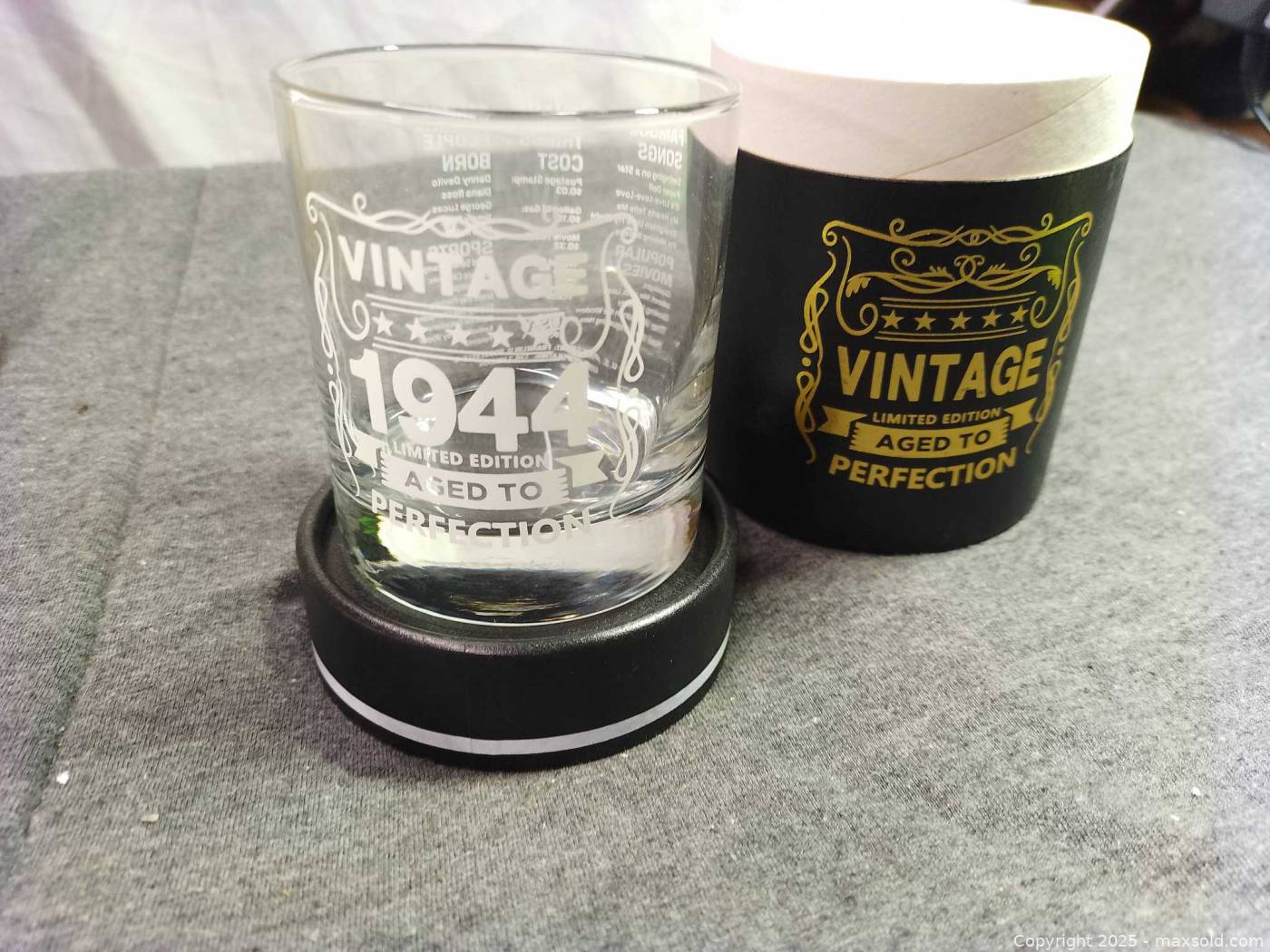 Vintage 1944 etched whiskey glass with gift case | Maxsold