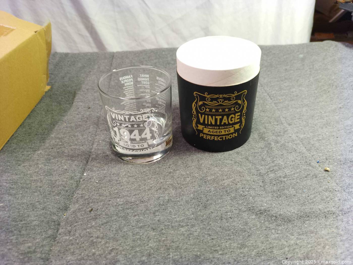 Vintage 1944 etched whiskey glass with gift case | Maxsold