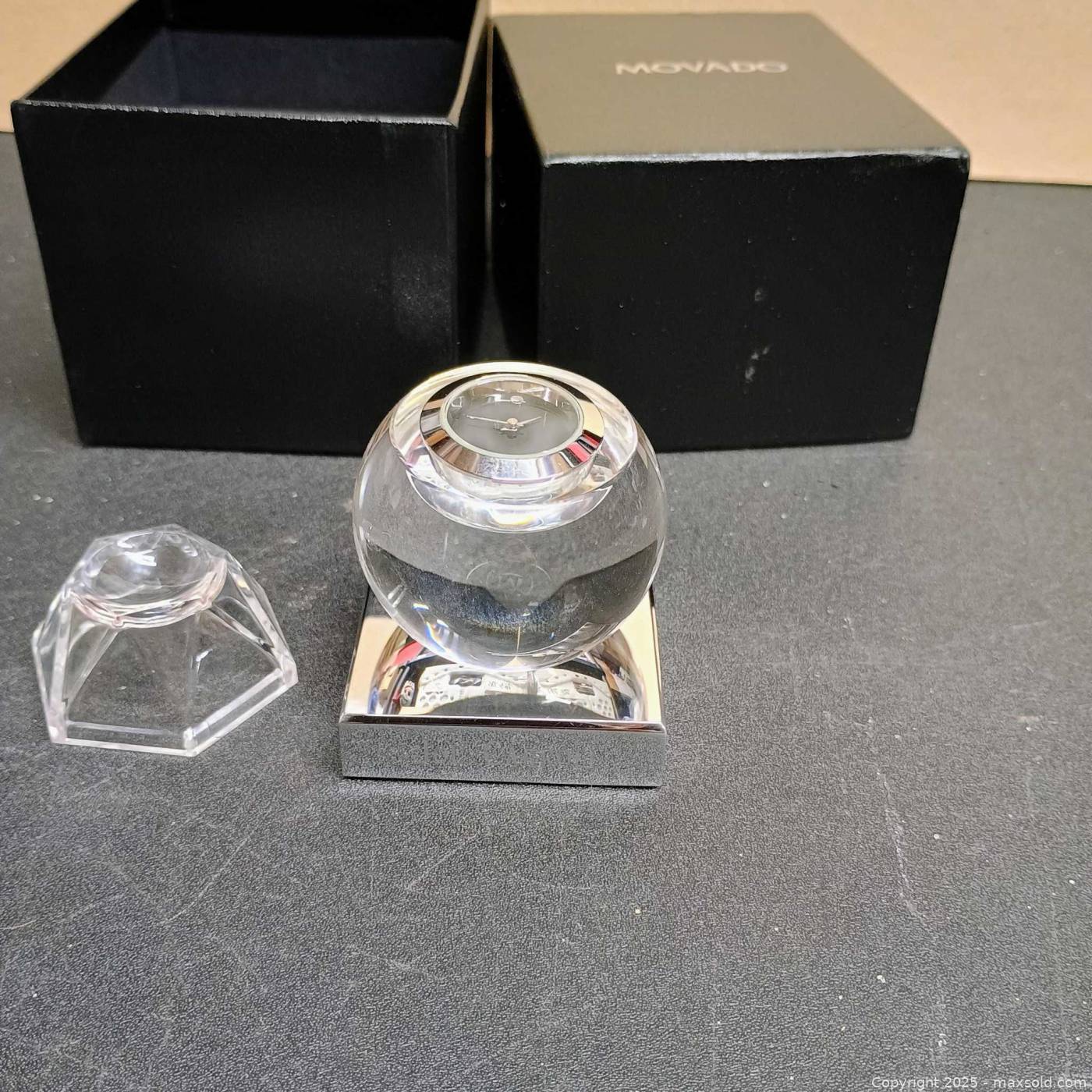 Movado crystal sphere desk clock with box | Maxsold