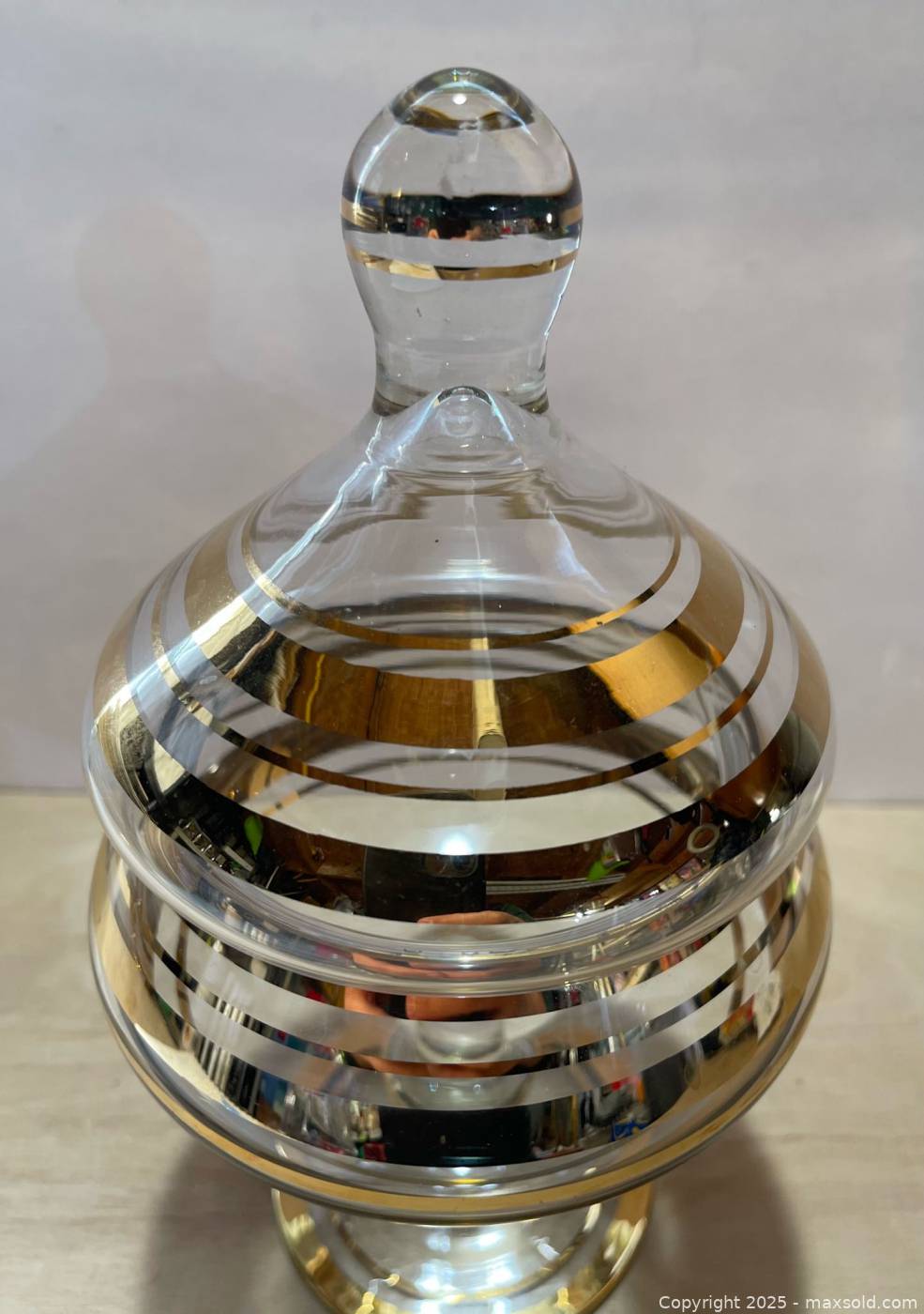 Clear and gold banded pedestal candy dish | Maxsold