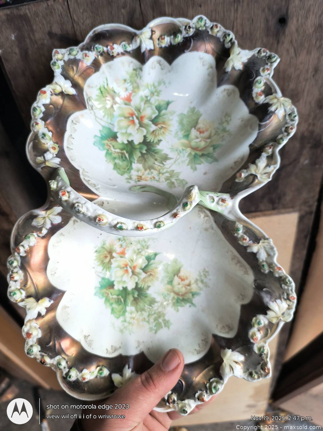Frilled porcelain double dish basket with gold trim, floral design, 13 ...