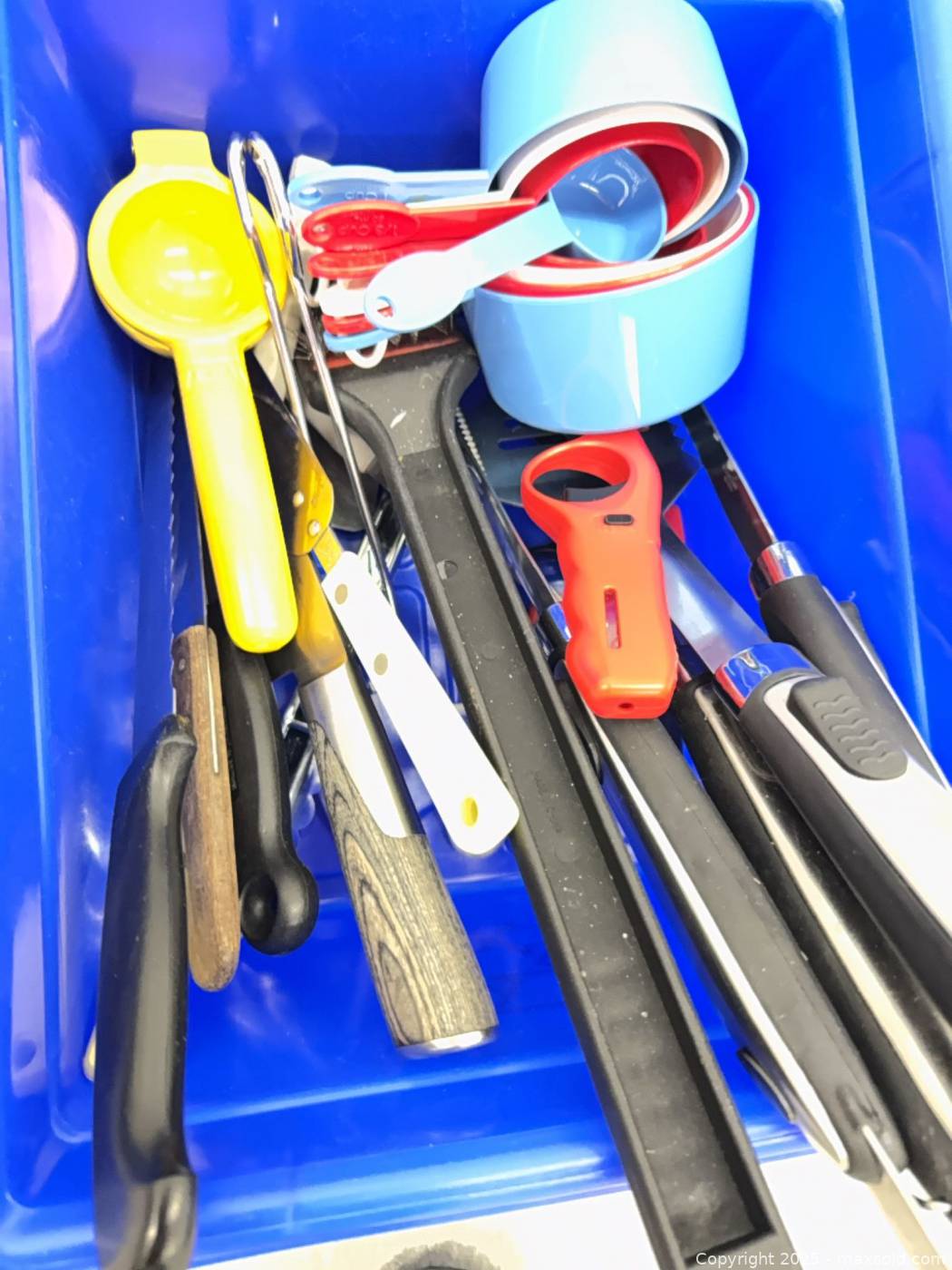 Mixed kitchen utensils, measuring tools, storage | Maxsold