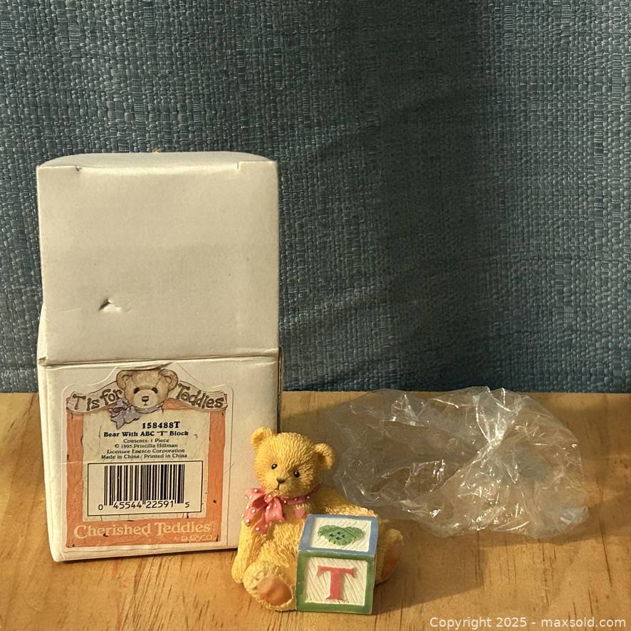 Cherished Teddies 1995 Bear With ABC "T" Block Figurine | Maxsold