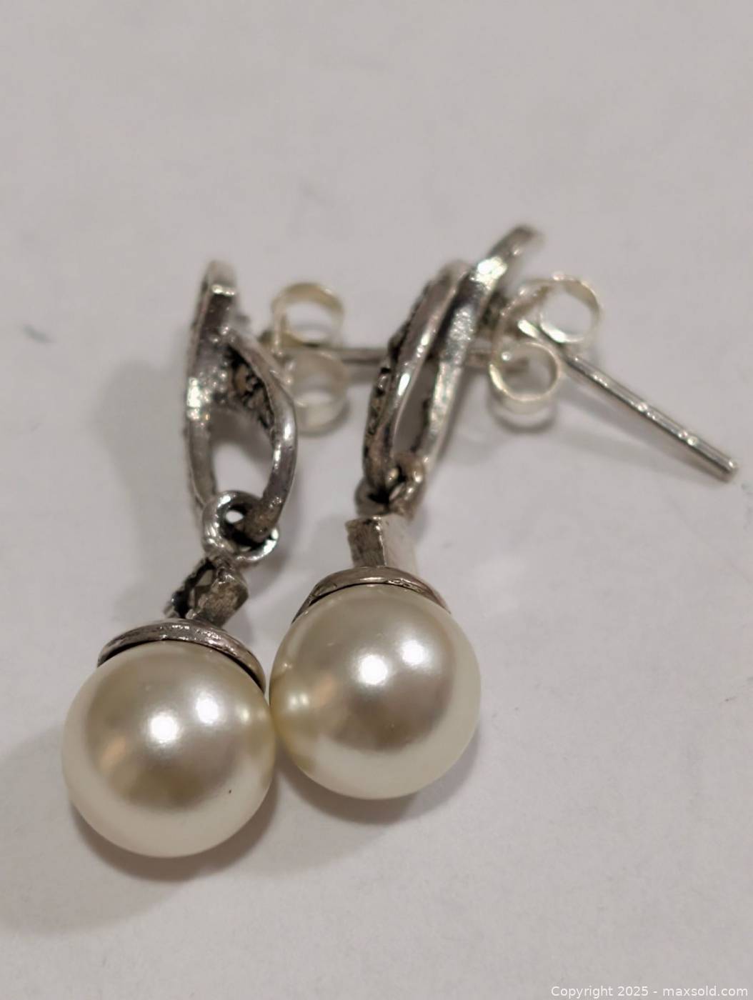 Silver Pearl Marcasite Drop Earrings | Maxsold