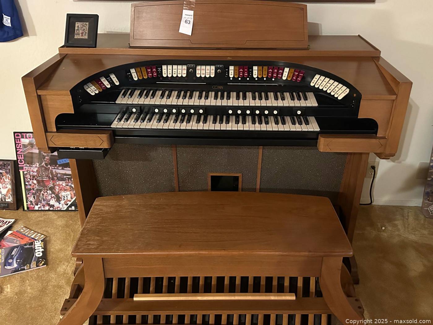 Conn electronic theatre organ with bench and framed Korean textile art ...