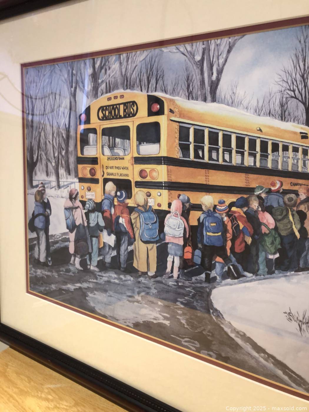 Framed signed school bus print by Roxann Vivian Smith | Maxsold