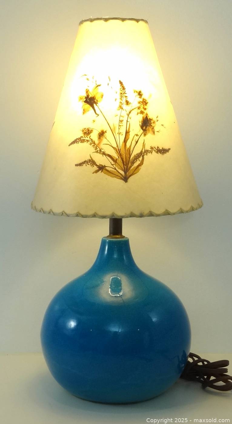 Cerulean blue ceramic lamp with botanical shade | Maxsold