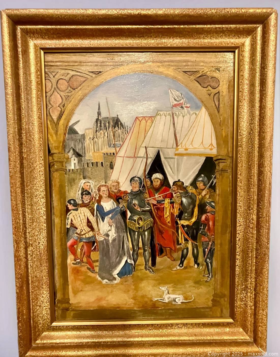 Antique/vintage oil on board medieval scene painting in gilt frame ...