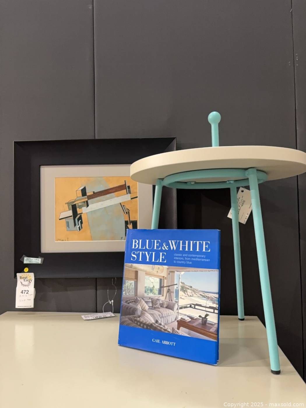 Framed abstract art, round side table, Blue & White Style book | Maxsold