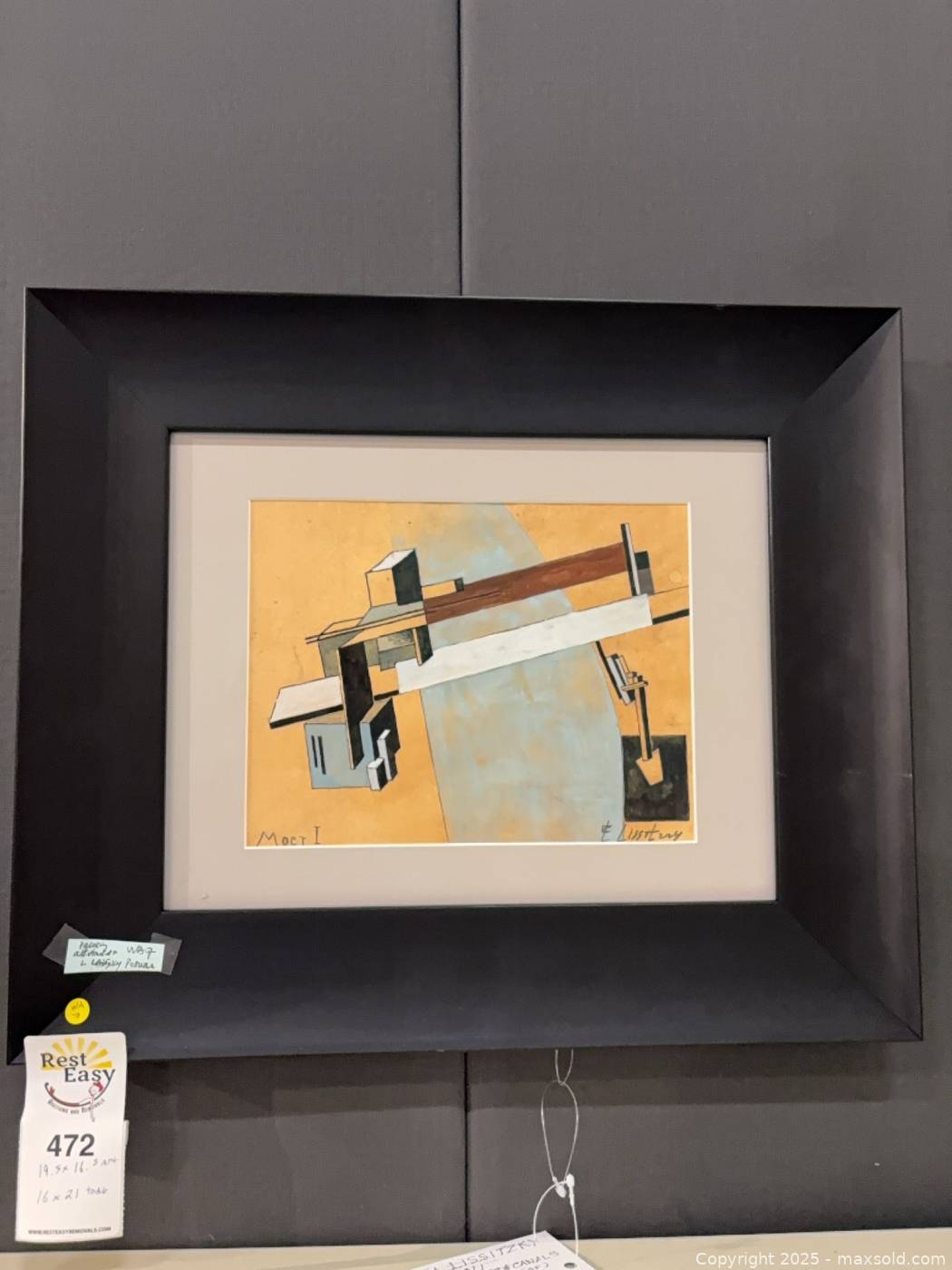 Framed abstract art, round side table, Blue & White Style book | Maxsold