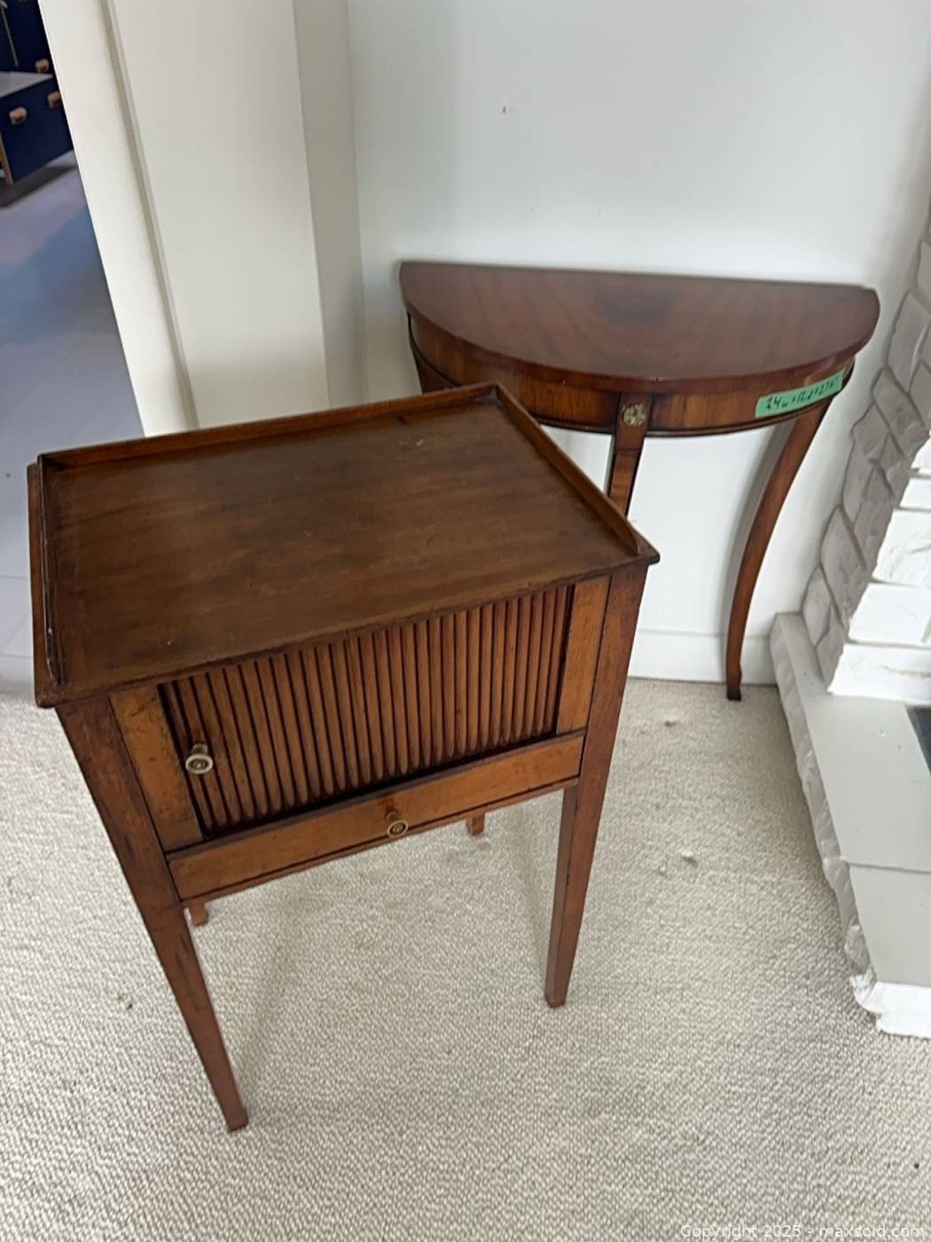 French tambour walnut side table and mahogany demi-lune console | Maxsold