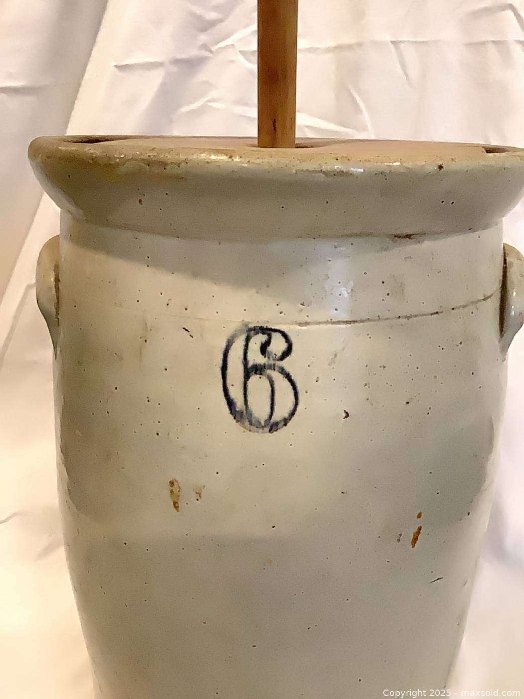 Stoneware butter churn crock with wooden dasher and lid | Maxsold