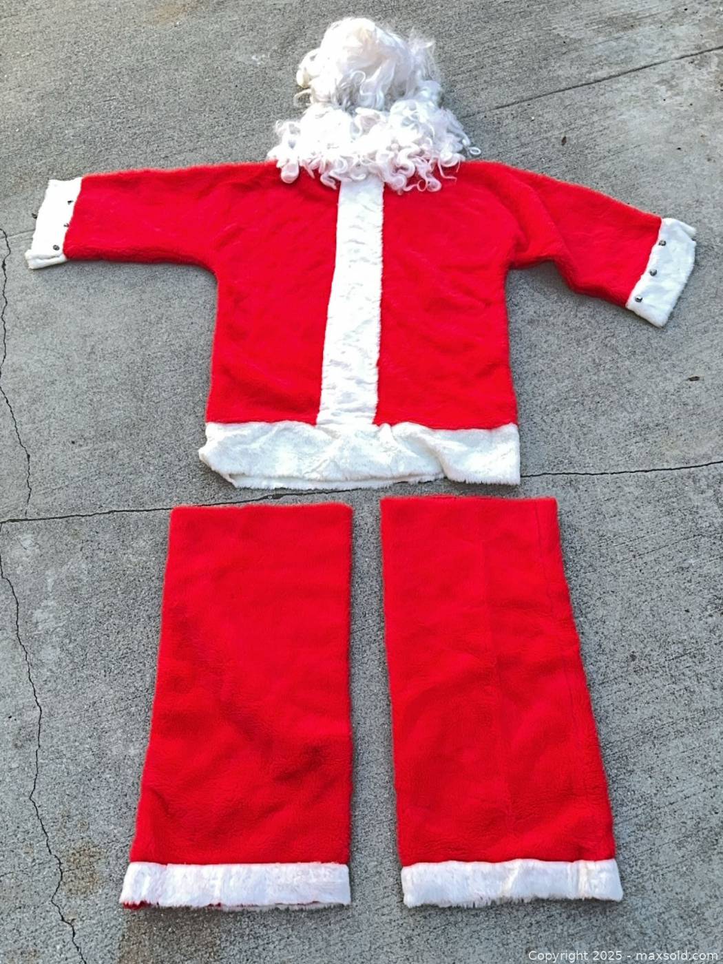 Two Santa outfits, hats, stockings, bells | Maxsold