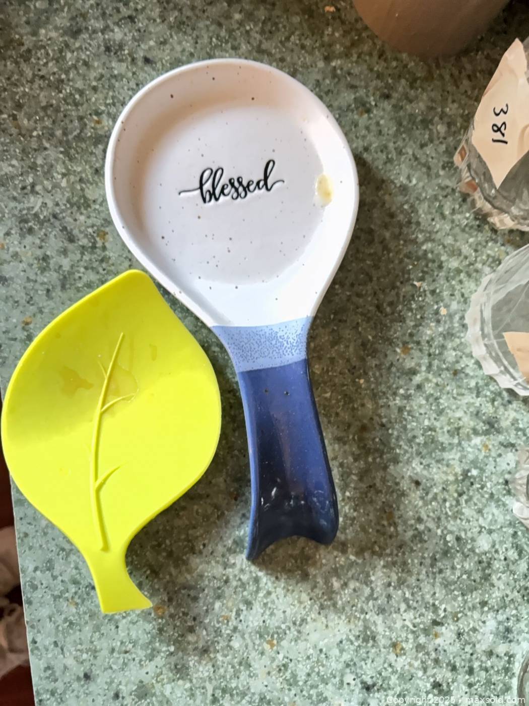 Ceramic “Blessed” spoon rest & silicone leaf spoon rest | Maxsold