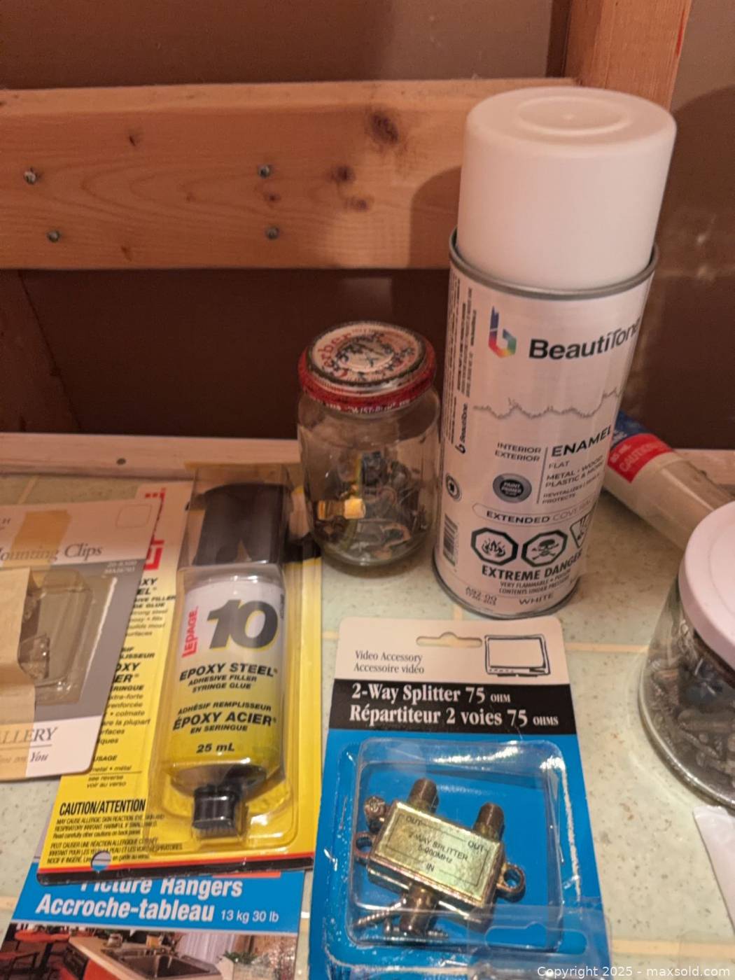 Hardware supplies, miter box, trouble light, spray paint | Maxsold