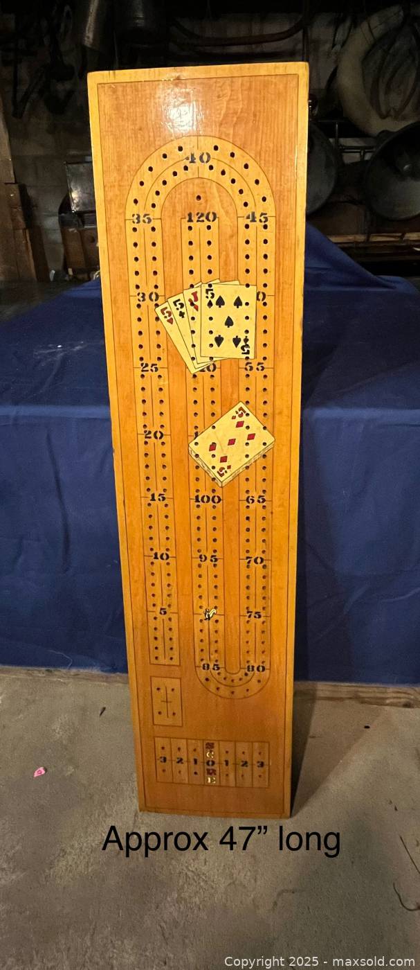 Vintage 47" wooden coffee table cribbage board | Maxsold