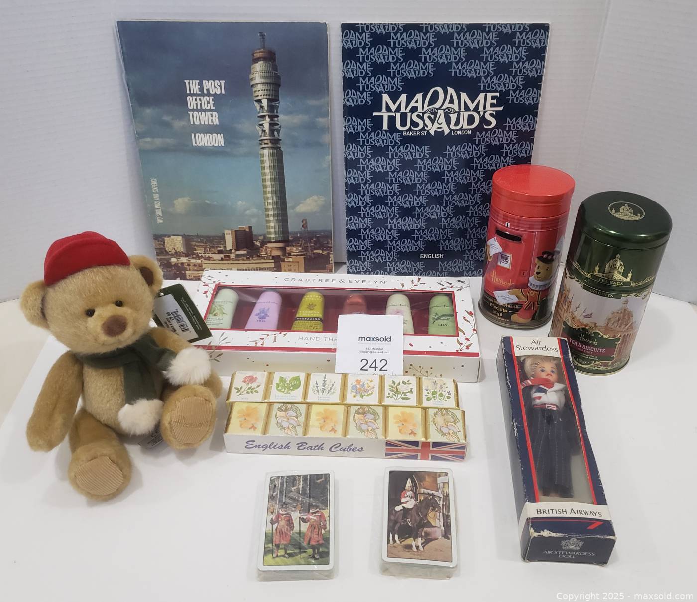 Harrods bear, Crabtree hand creams, bath cubes, tins, BA doll, cards ...