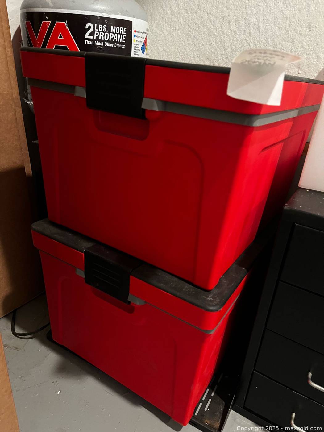 SentrySafe totes, 4-drawer cabinet, bin & propane tank | Maxsold