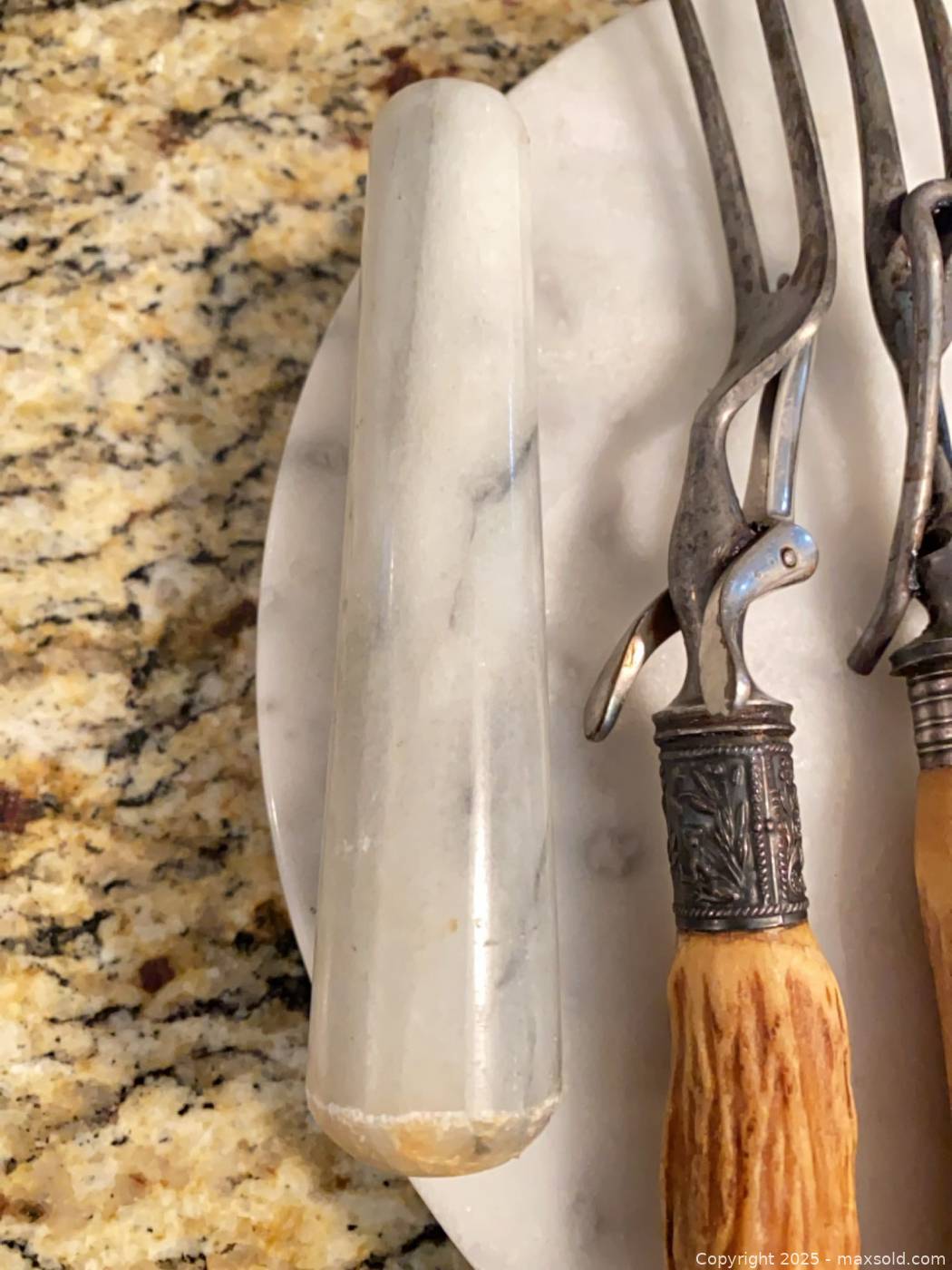 Marble serving stone, pestle, forks and sharpening steel | Maxsold