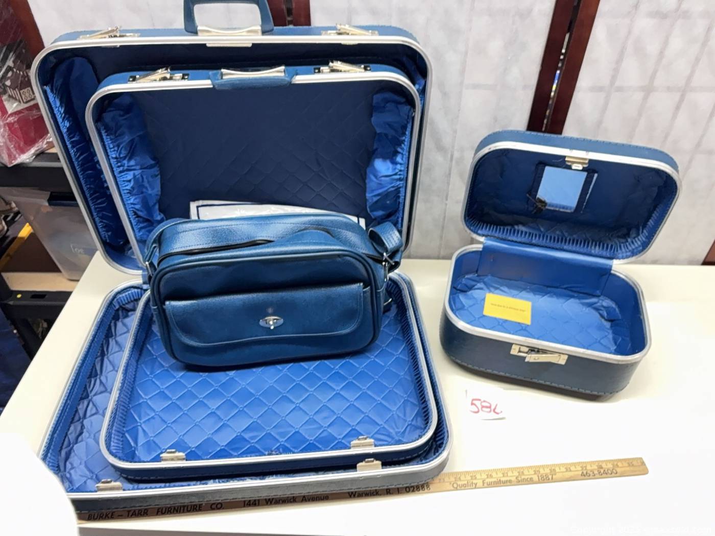 Vintage blue vinyl luggage set, suitcase, vanity case, shoulder bag ...
