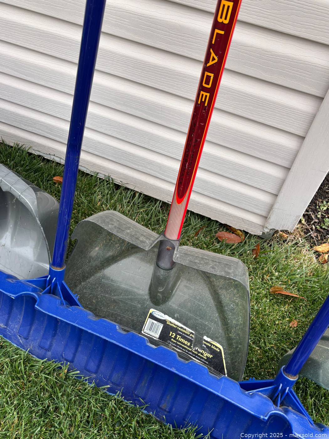 Lot of 5 snow shovels and push sled | Maxsold