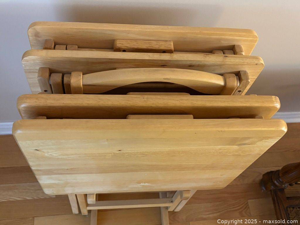 Set of four solid wood folding TV tray tables with stand | Maxsold