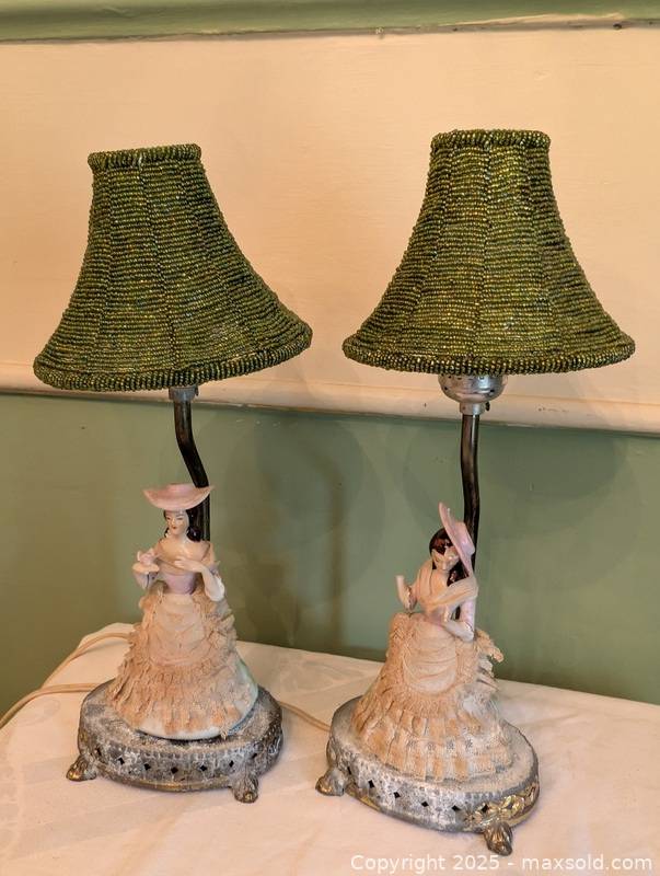 Pair 1930s ceramic southern belle lamps | Maxsold