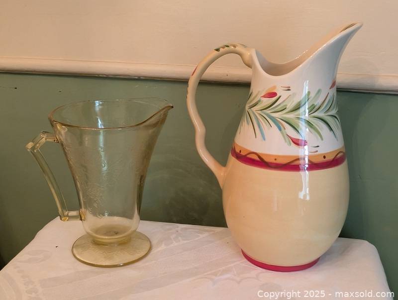 Vintage yellow depression glass pitcher and hand-painted ceramic water ...